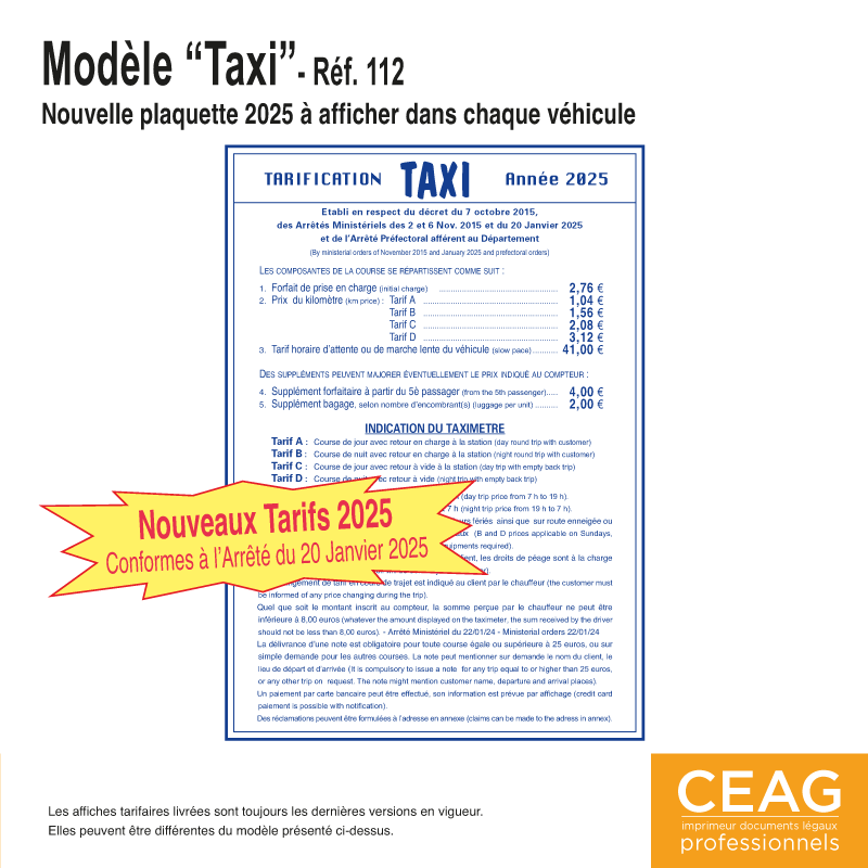 Plaquette Tarif Taxi - 2025
